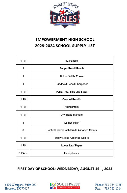 2023-2024 School Supply list | Empowerment High School